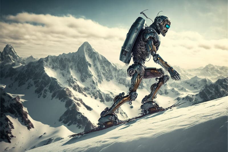 Robot of the Future Hiking in the Snowy Mountains, Generative Ai Stock ...