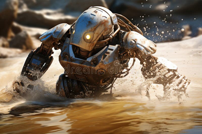 A ROBOT from the Future Walks on Water. Robotization Stock Illustration ...