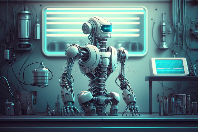 Robot in Futuristic, High-tech Lab, Performing Experiments and Tests ...