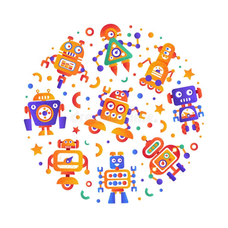 Robot with Futuristic Modern Bot and Android Round Vector Composition ...