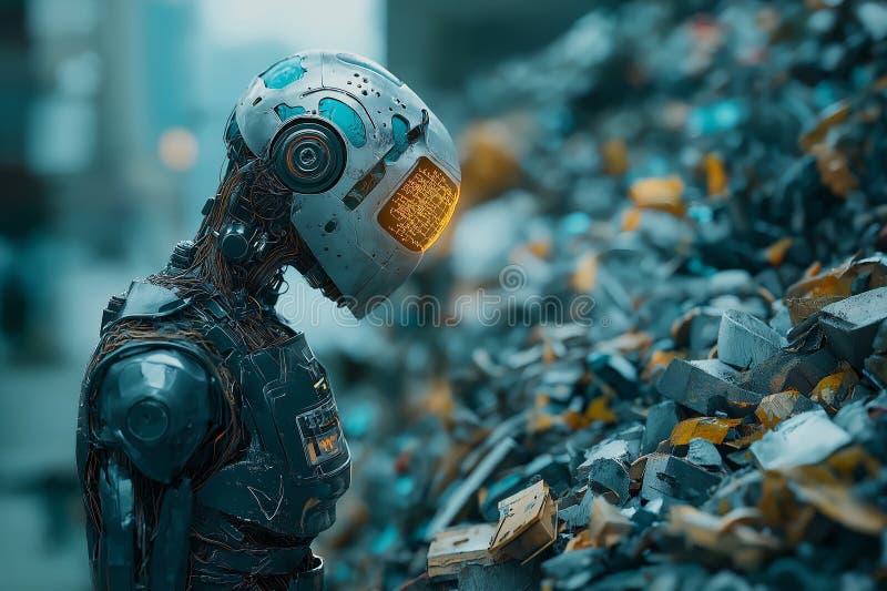 Robot in a Garbage Dump with Trash. Concept of Environmental Pollution ...