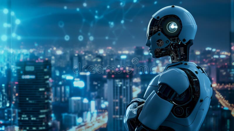 Robot Gazing Over a Neon-lit Skyline, Blending Humanity with AI S ...