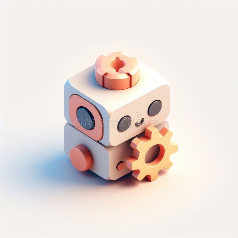 Robot and Gear 3D Minimalist Cute Isometric Icon on a White Background ...