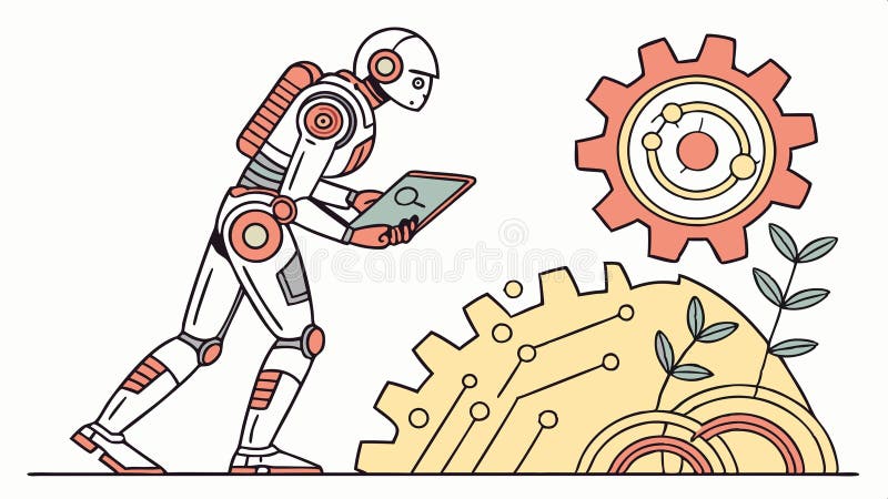 Robot with Gears and Tablet, Technology and Futuristic Concept Vector ...