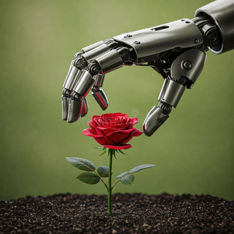 The Robot Gently Reaches for a Red Rose Against the Background of the ...