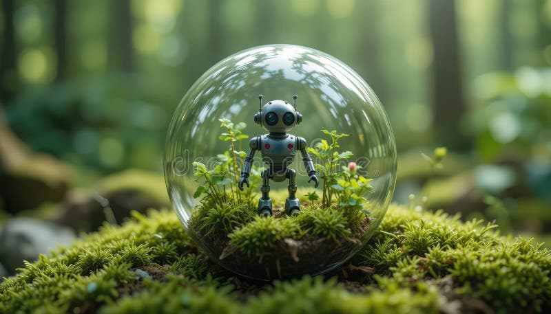 Robot in Glass Sphere with Plants in Forest - Future Concept Stock ...