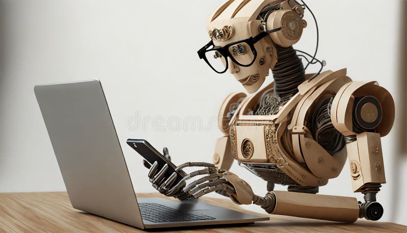 Robot with Glasses Sitting at the Table and Working with Laptop.AI ...