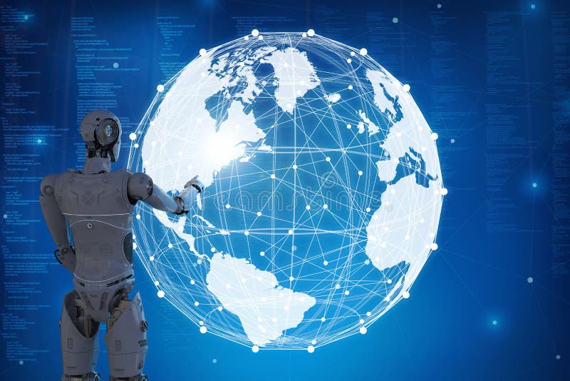 Robot with Global Connection Stock Illustration - Illustration of ...
