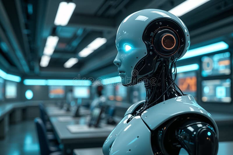 Robot with Glowing Blue Eyes Stands in Futuristic Control Room ...