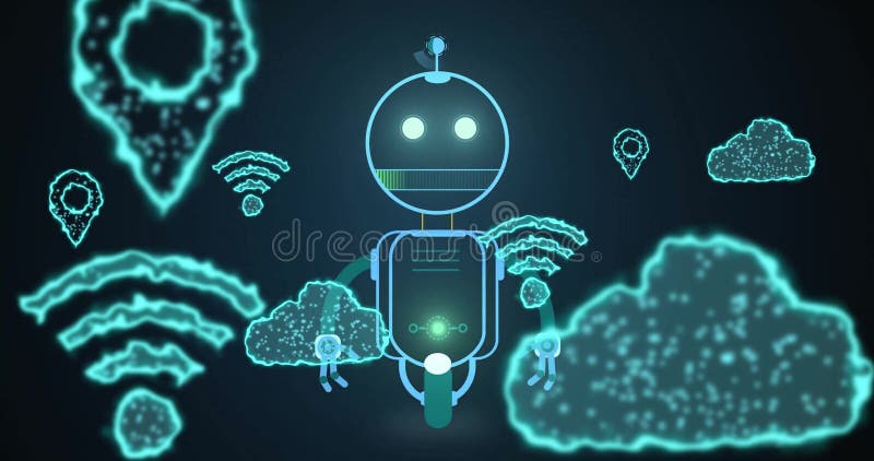 Robot with Glowing Eyes and Cloud Icons, Futuristic Technology Image ...