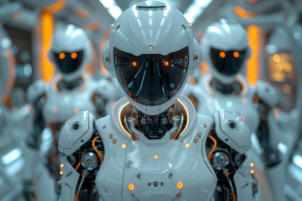 Robot with Glowing Eyes in Front of a Group of Humanoids. Stock Photo ...