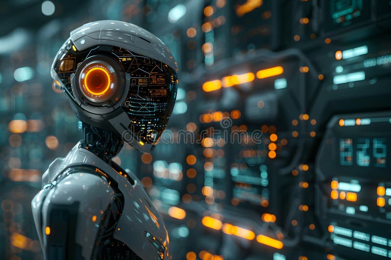 A Robot with Glowing Eyes and Sleek Metallic Features, Standing in ...