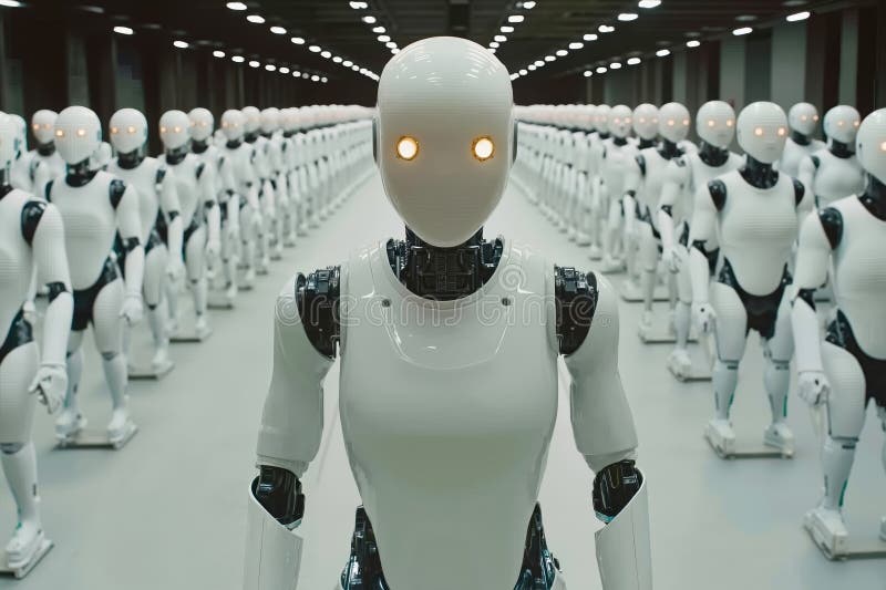 A Large Group of White Robots Walking Down a Hallway Stock Image ...