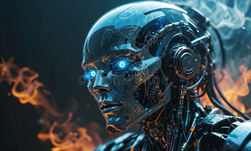 Robot with Glowing Face and Fire in the Background Stock Illustration ...