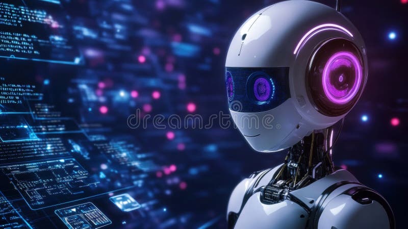 A Robot with a Glowing Head and a Computer Screen Stock Illustration ...