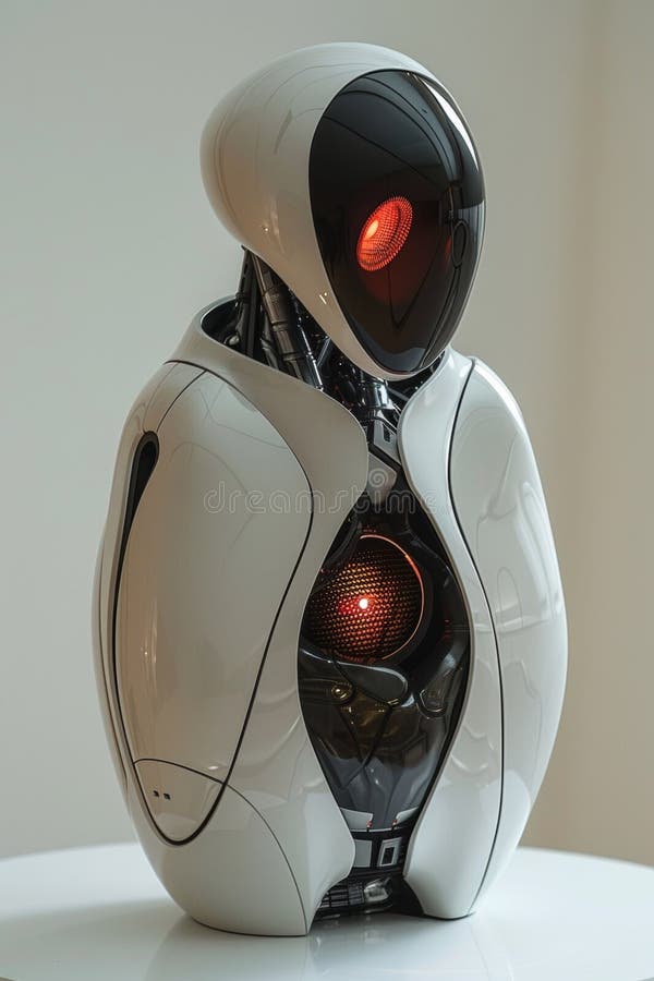 A Robot with a Glowing Red Eye Sitting on Top of White Table, AI Stock ...