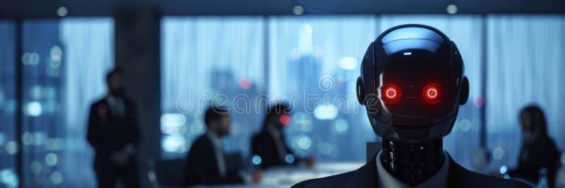 Robot with Glowing Red Eyes in a Corporate Office Setting at Night ...