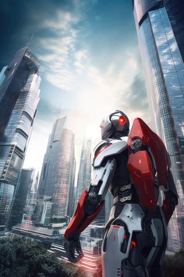 Robot with a Glowing Red Visor in Cityscape, Generative AI Stock ...