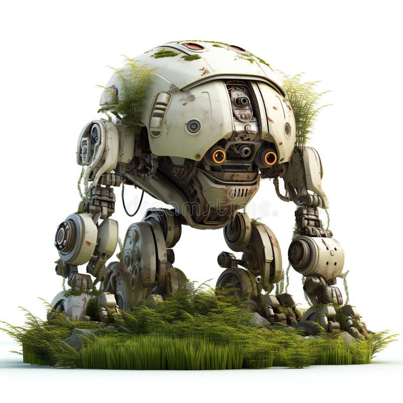 A Robot with Grass Isolated on a White Background Stock Illustration ...