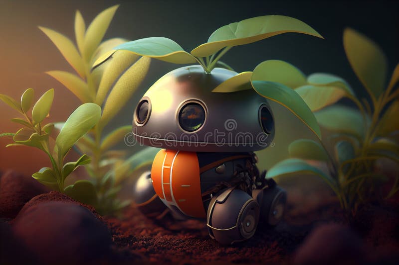Robot with Green Leaves, Ecology Technology Concept. Stock Illustration ...