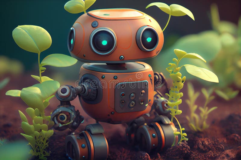 Robot with Green Leaves, Ecology Technology Concept. Stock Illustration ...