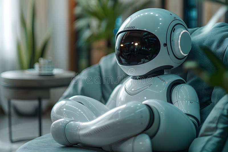 Grey Robot in Modern Tech-Filled Parlor Stock Illustration ...