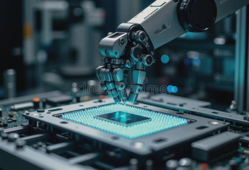 Robot Gripper Placing Microchips Onto Substrate in an Assembly Cell ...
