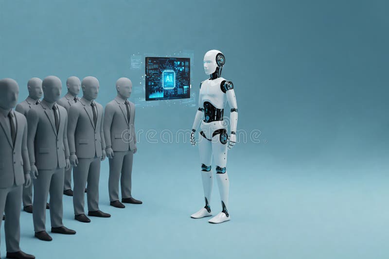 A Robot and a Group of People in Costumes in Front of a Screen with the ...