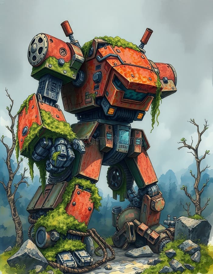 Robot Guardian Lost To Time Stock Illustration - Illustration of vines ...