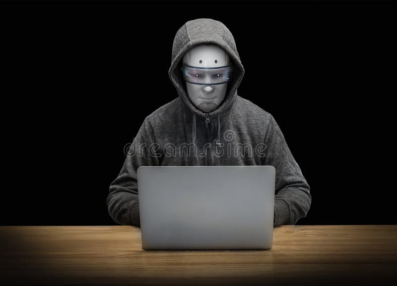 Robot Hacker Working with Computer Notebook Stock Illustration ...