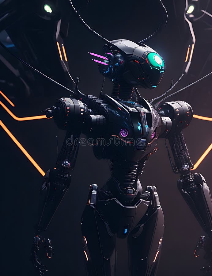 3D Rendering of a Female Robot on a Black Background with Neon Lights ...