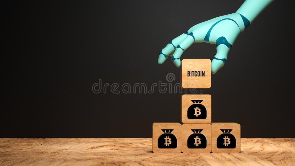 Robot Hand Adding a Cube with the Text BITCOIN To a Stack of Cubes with ...