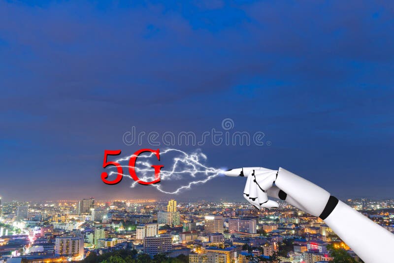 Robot Hand with Communication Technology Digital Network 5g Stock Photo ...