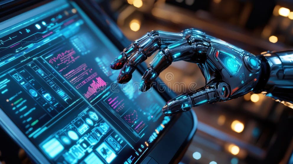 A Robot Hand is on a Computer Screen Stock Illustration - Illustration ...