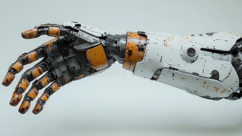 Robot Hand Covered in Orange Paint with a Focus on Mechanical Fingers ...