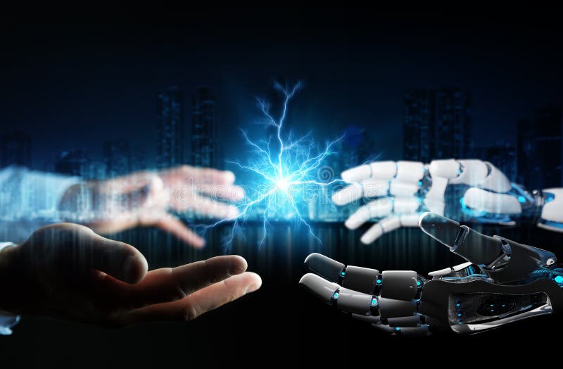Robot Hand Creating Electricity with Human Hand 3D Rendering Stock ...