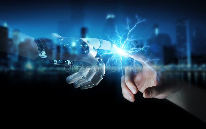 Robot Hand Creating Electricity with Human Hand 3D Rendering Stock ...