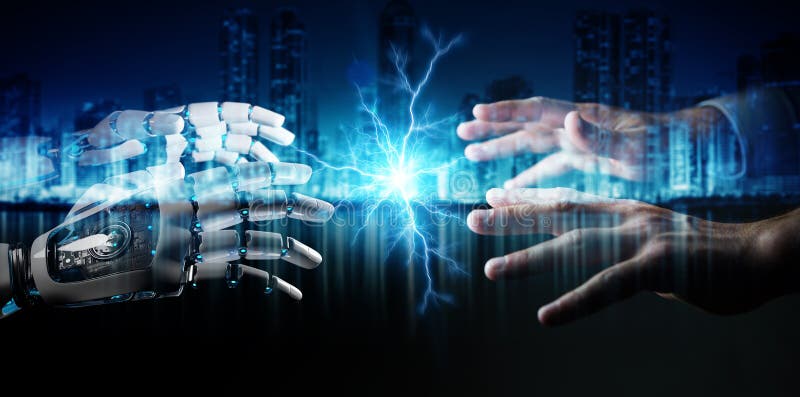 Robot Hand Creating Electricity with Human Hand 3D Rendering Stock ...