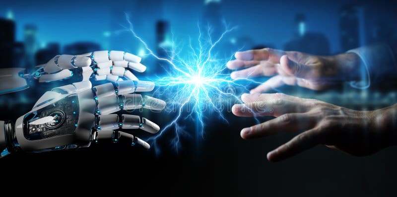 Robot Hand Creating Electricity with Human Hand 3D Rendering Stock ...