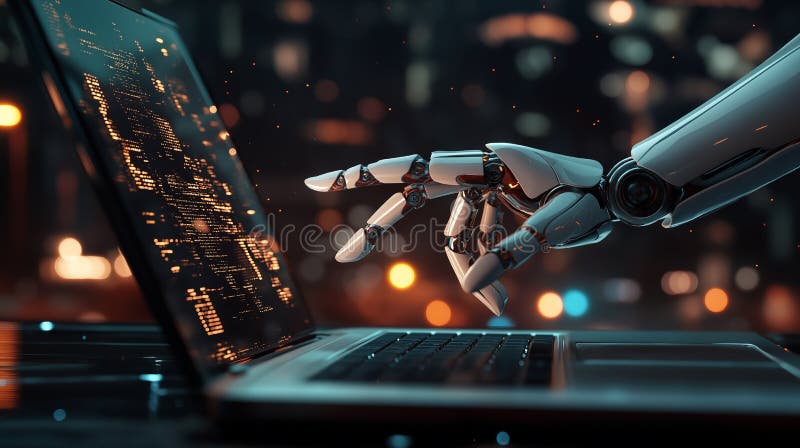 Robot Hand Emerging from Screen in Futuristic Display Stock ...