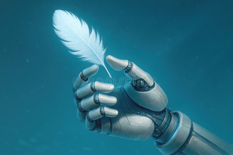 Robot Hand with Feather on Blue Background, AI Generated Stock ...
