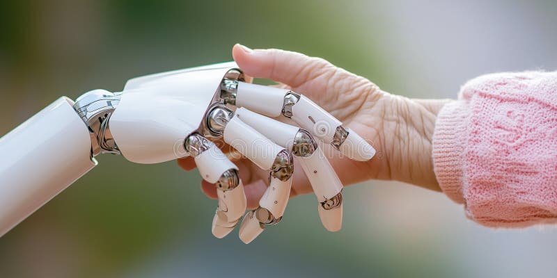 Robot Hand Gently Holding Elderly Person Hand, Symbolizing Care and ...