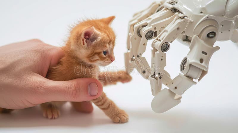A Robot Hand Gently Touches a Small Ginger Kitten with a Finger. Stock ...