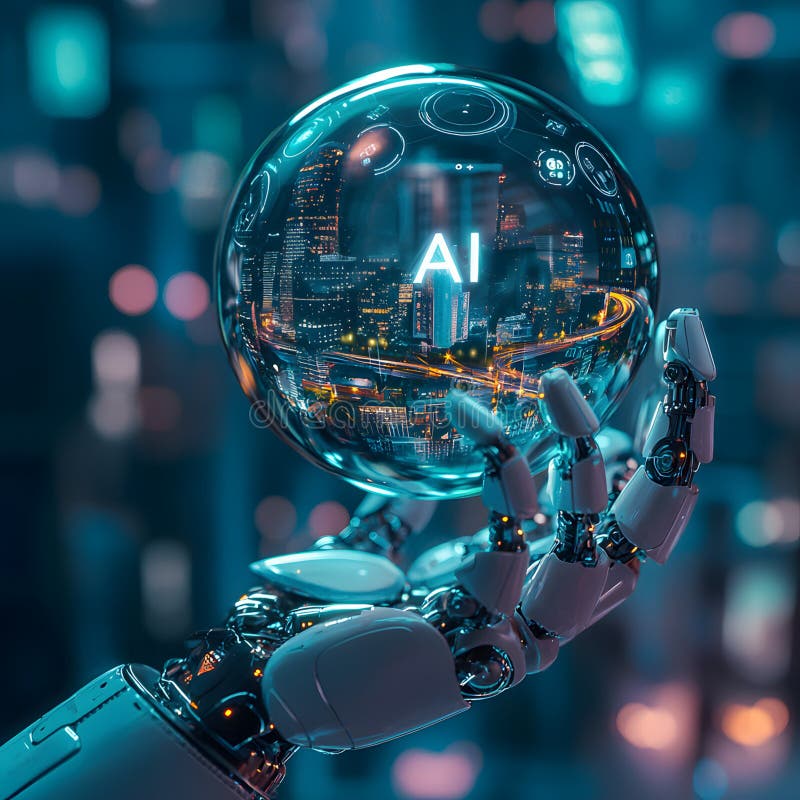 Robot Hand Holding AI Globe with Cityscape Reflection Stock ...