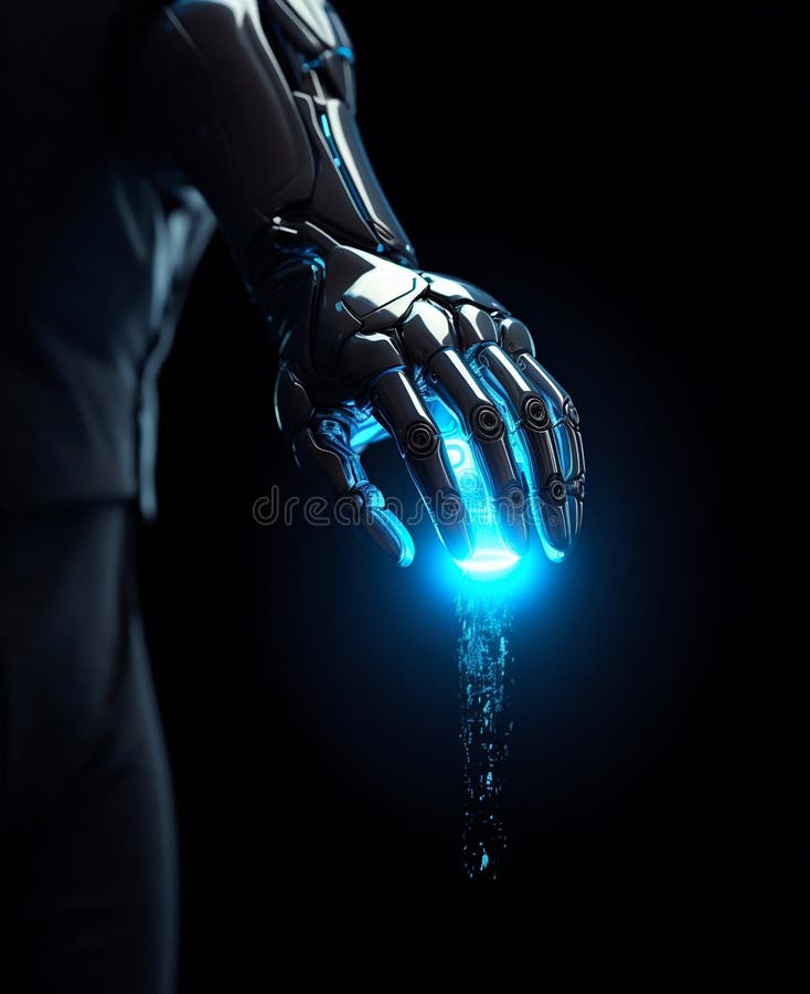 Robot Hand Holding a Blue Light Up on Dark the Background. Generative ...