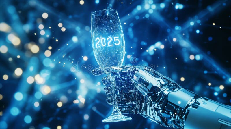 Robot Hand Holding Champagne Glass with 2025 in Celebration of New Year ...