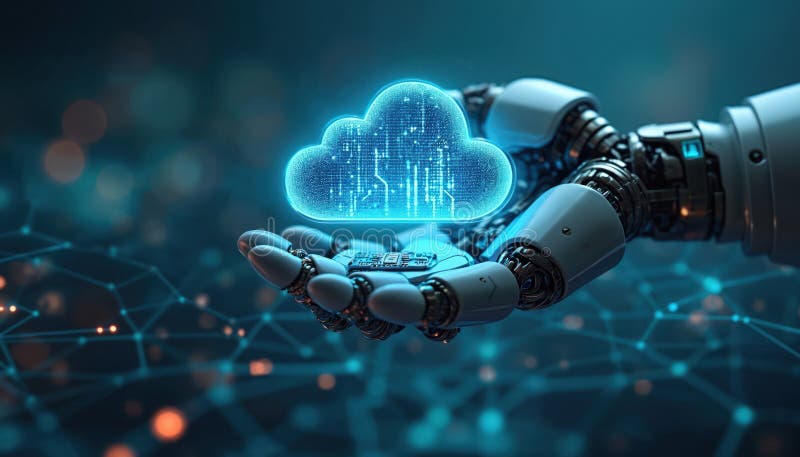 Robot Hand Holding Digital Cloud with Circuit Board. Cloud Computing, Data Storage, Transfer for ...