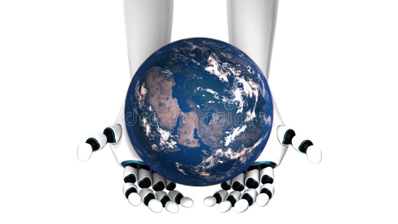 Robot Hand Holding the Earth. Isolated on White Background. Planet ...