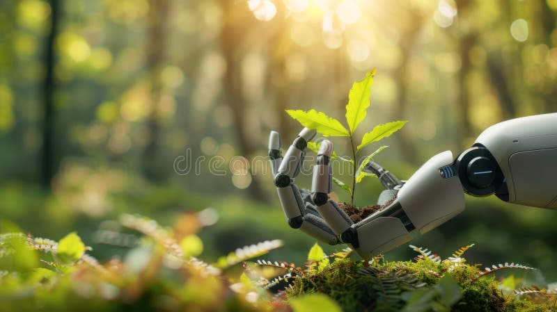 Robot Hand Holding an Emerging Plant in a Forest, Symbolizing ...