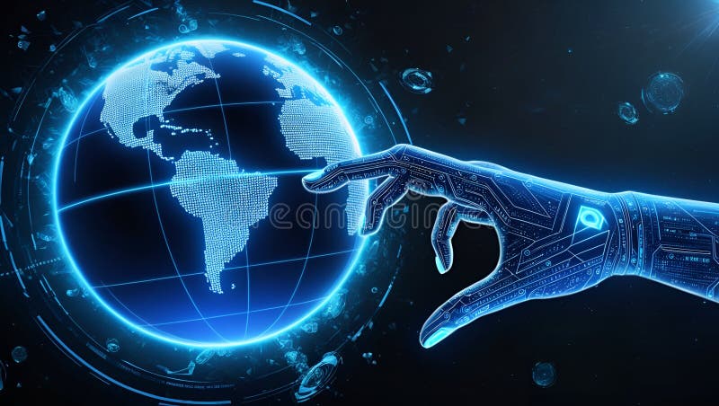 Robot Hand Holding Glowing Digital Globe, a Digital Rendering of a Blue ...